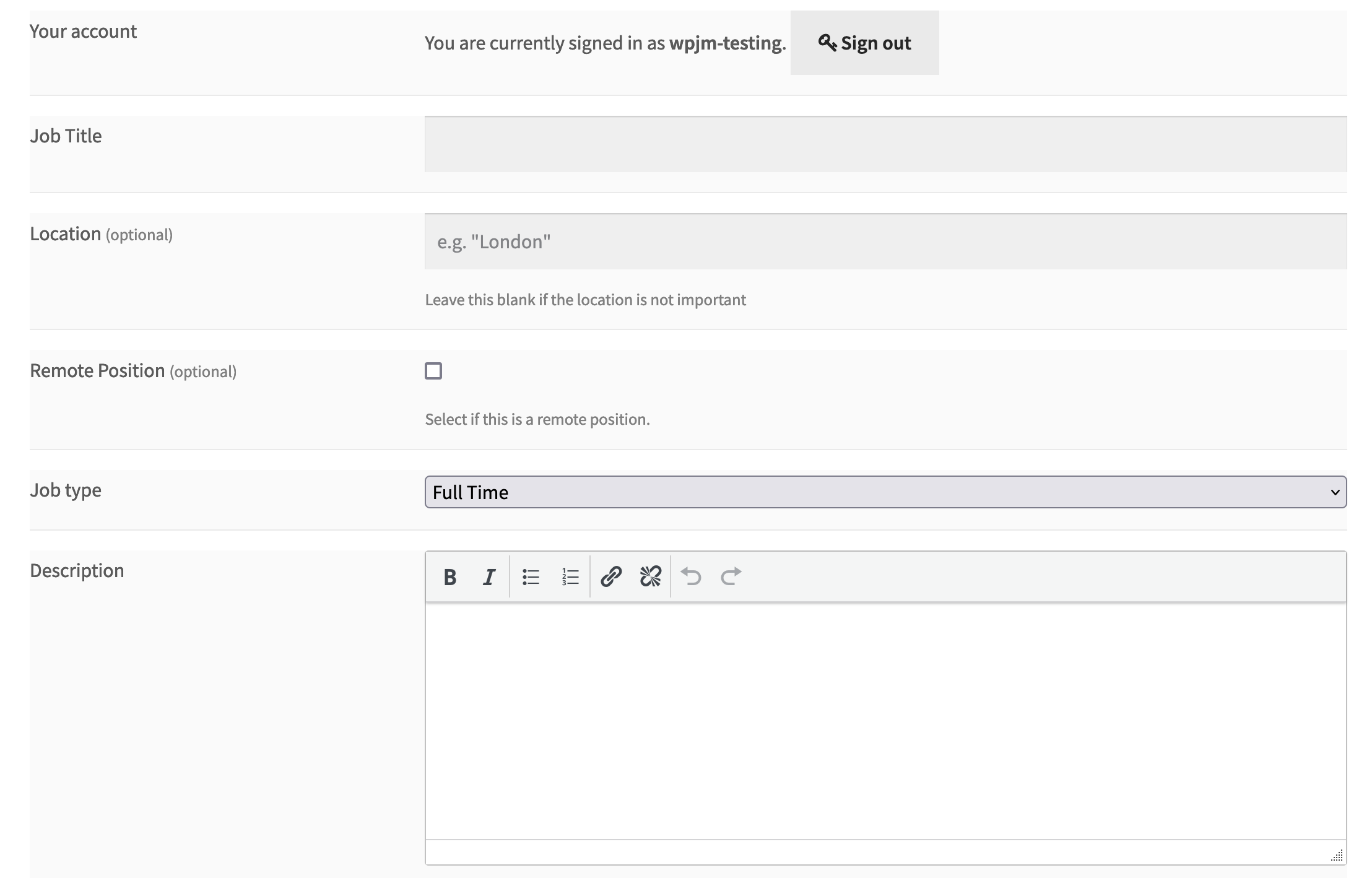 The job submission form - WP Job Manager