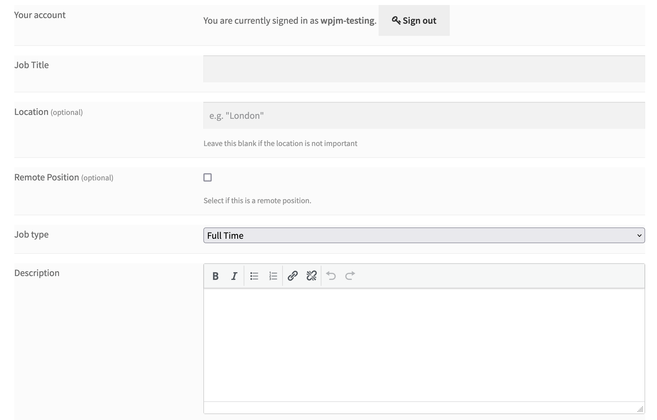 The job submission form - WP Job Manager